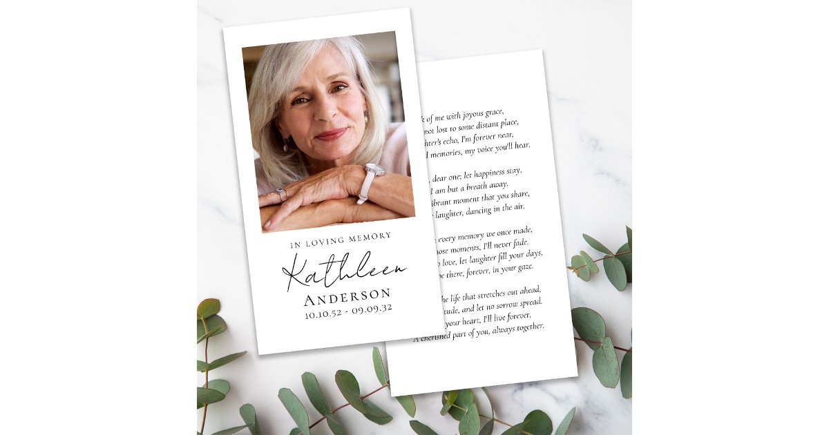 In Loving Memory Script Funeral Prayer Card | Zazzle