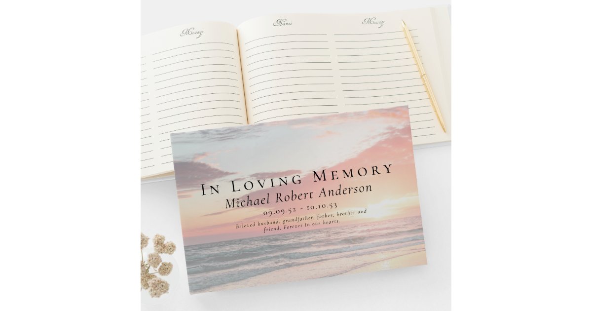 In Loving Memory Sunset Ocean Memorial Funeral Guest Book | Zazzle
