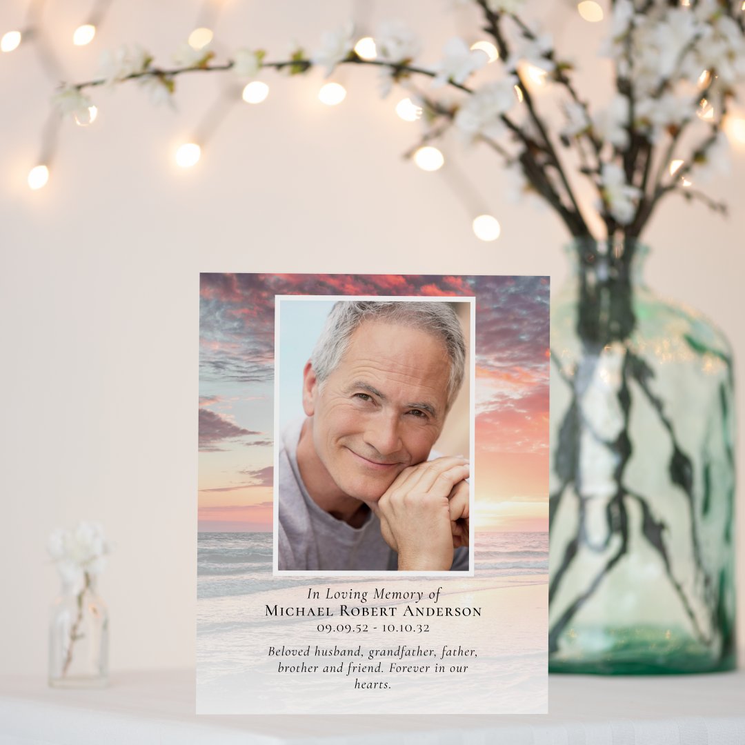 In Loving Memory Sunset Photo Memorial Table Sign | Zazzle