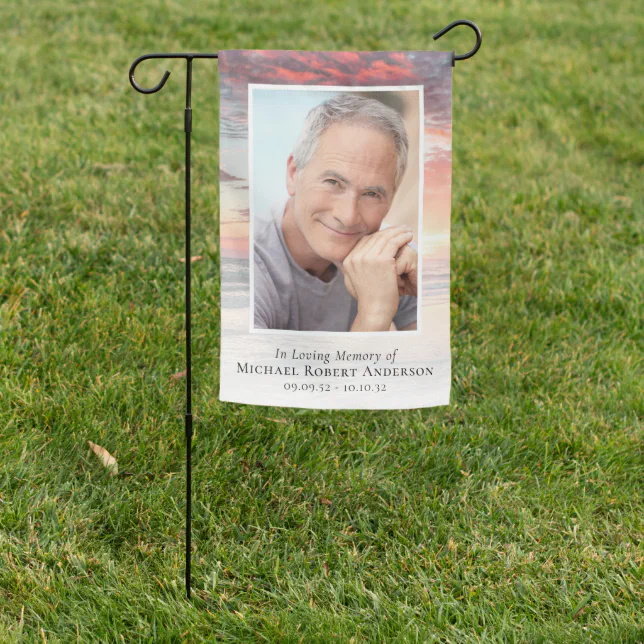 In Loving Memory Sunset Photo Sympathy Tribute Garden Flag | Zazzle