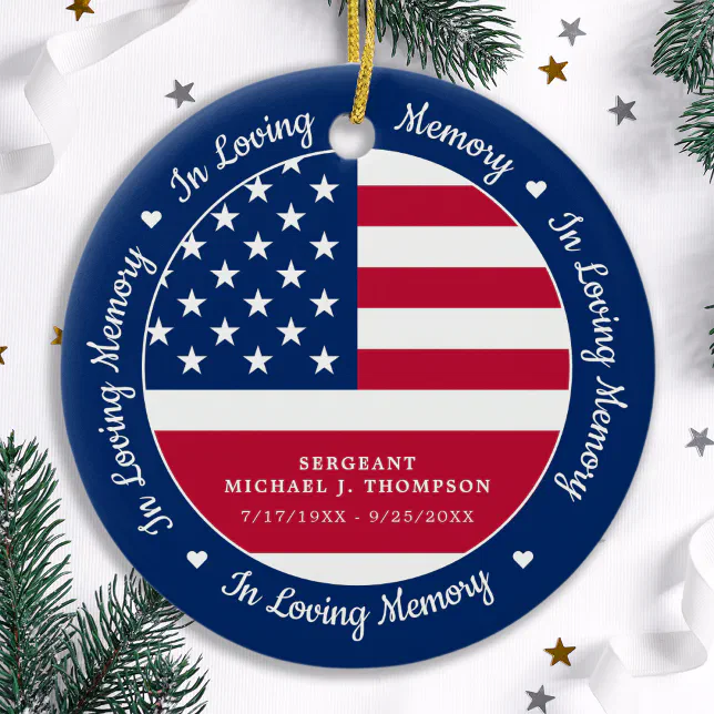 In Loving Memory Veteran American Flag Memorial Ceramic Ornament | Zazzle
