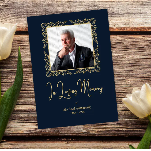 In Loving Memory Whimsical Script Photo Funeral Note Card | Zazzle