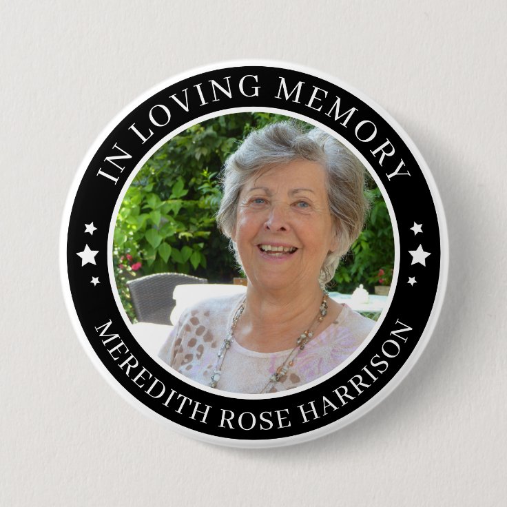 In Loving Memory White Stars Black Photo Memorial Button | Zazzle