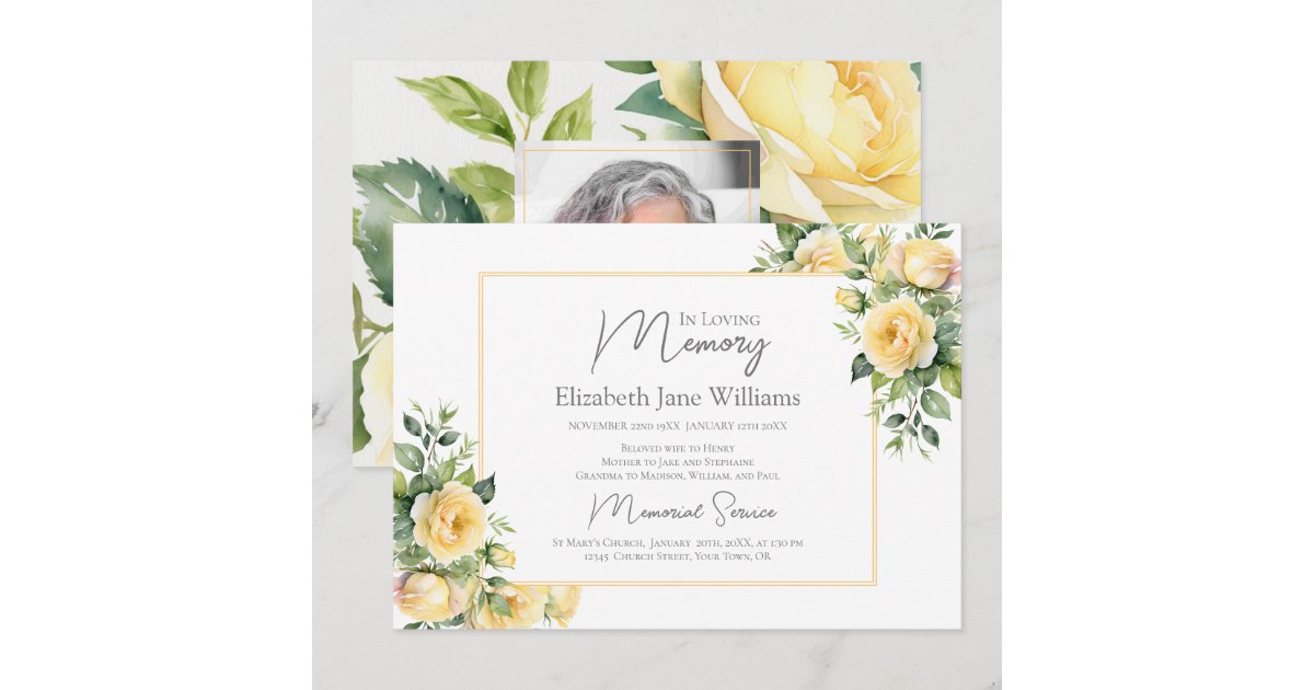 In Loving Memory Yellow Roses 1 Photo Invitation | Zazzle