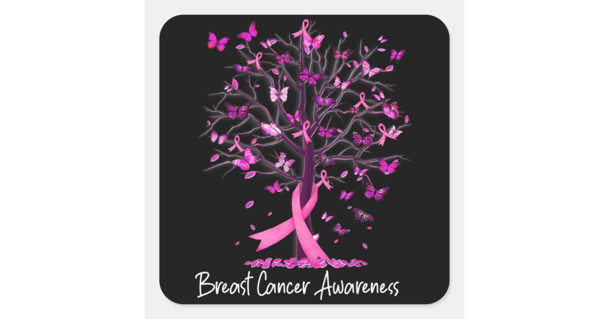 In October We Wear Pink Ribbon Tree Breast Cancer Square Sticker | Zazzle