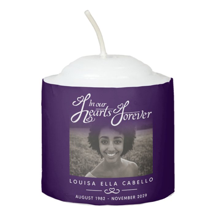 In our hearts remembrance purple 3 photos candle | Zazzle.com