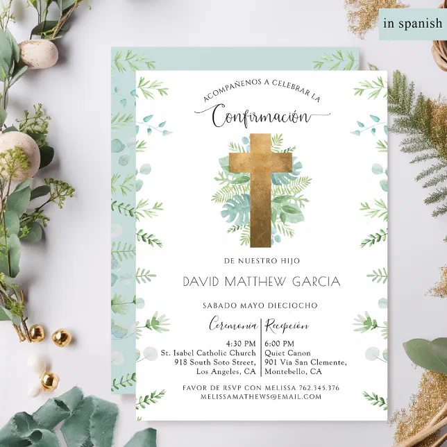 In Spanish, Boy or Girl Greenery Blue Confirmation Invitation | Zazzle