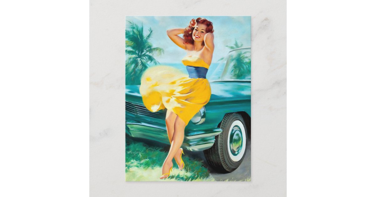 In Yellow Dress Pin Up Postcard | Zazzle