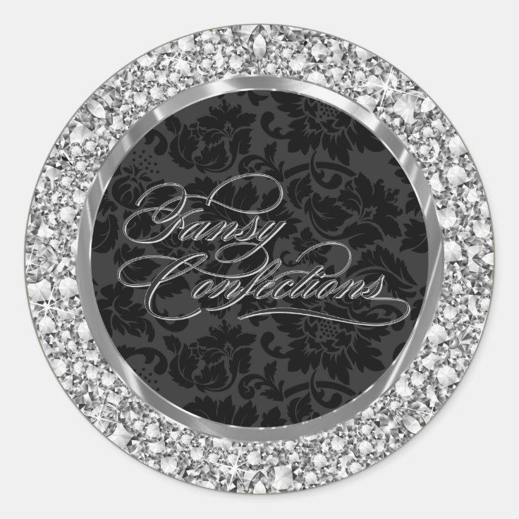 Incrusted Faux Diamond & Black Damask Circle Classic Round Sticker | Zazzle