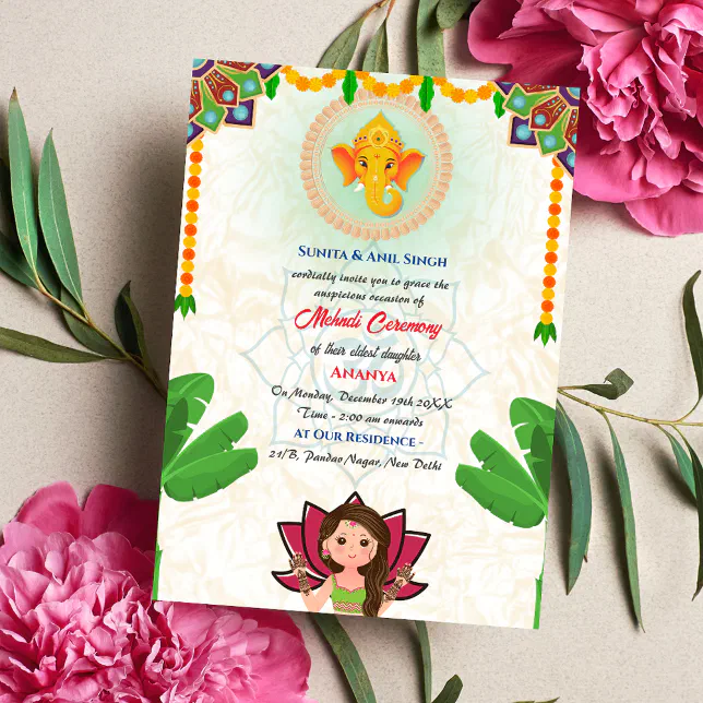 Indian Bride Mehndi Ceremony Ganesha Banana Tree Invitation | Zazzle