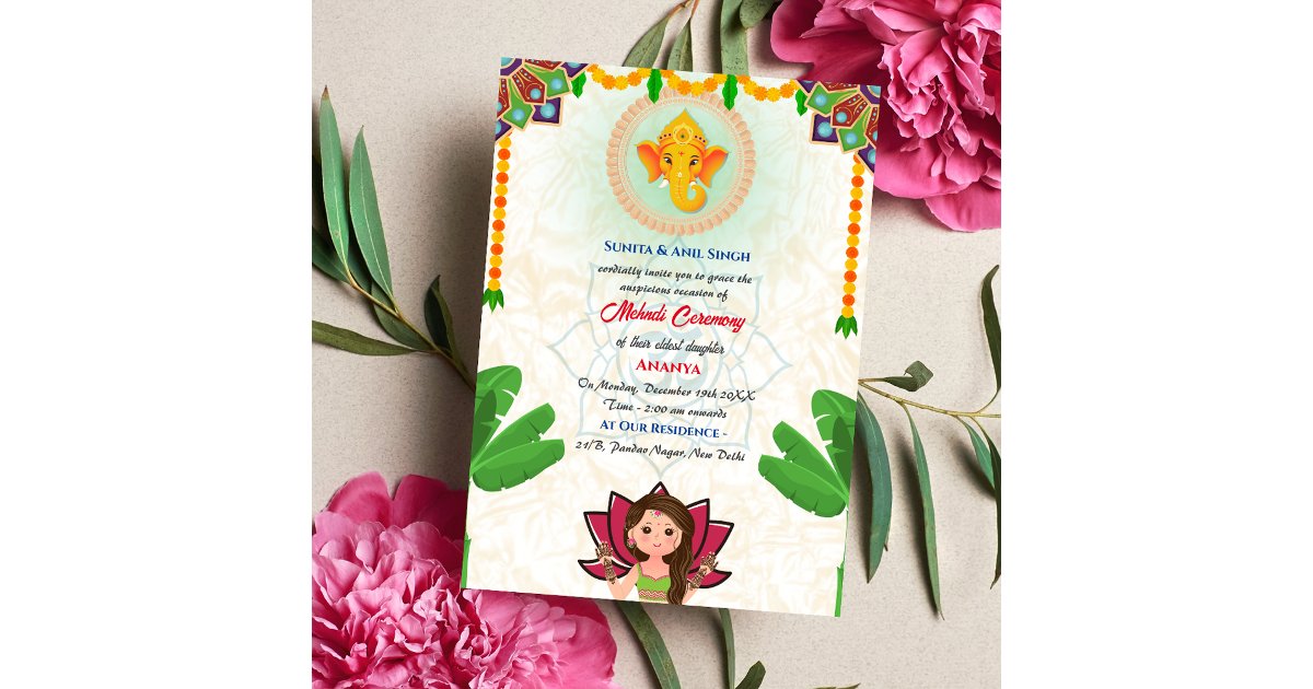 Indian Bride Mehndi Ceremony Ganesha Banana Tree Invitation | Zazzle