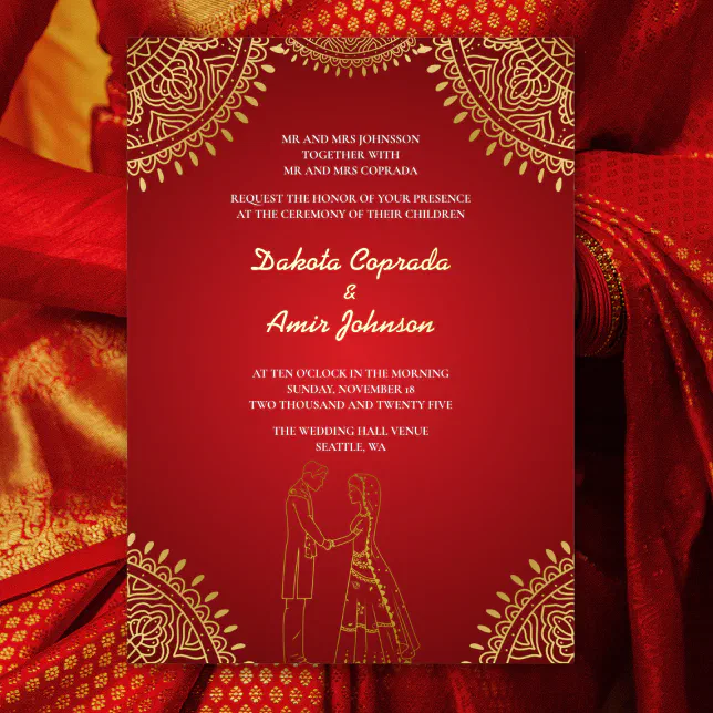 Indian Couple Wedding Red Gold Patterns Foil Invitation | Zazzle