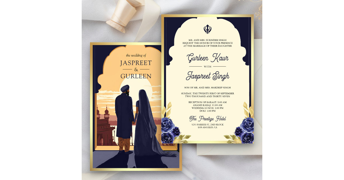 Indian Ethnic Navy Blue Anand Karaj Sikh Wedding Invitation | Zazzle