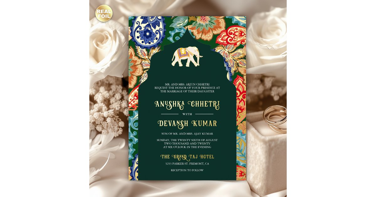 Indian Folk Art Elephant Wedding Emerald Gold Foil Invitation | Zazzle