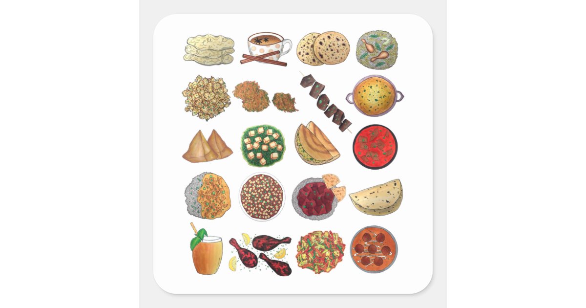 Indian Foods Dishes Cuisine of India Illustration Square Sticker | Zazzle