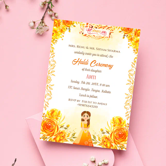 Indian Hindu Bride Haldi Ceremony Ganesha Floral Invitation | Zazzle