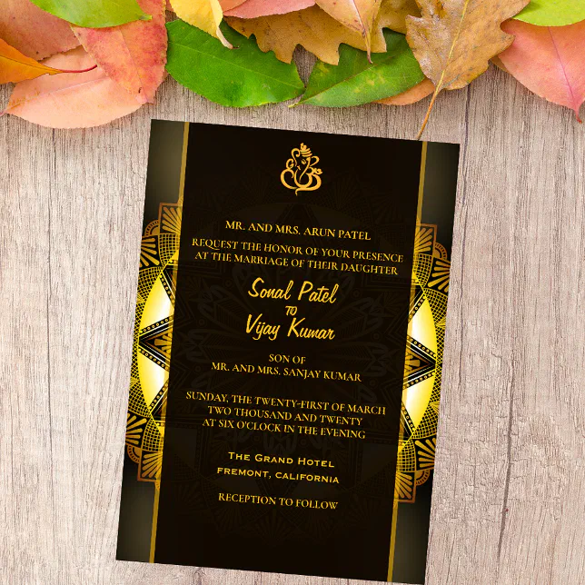 Indian Hindu Wedding Chakra Design Black Gold Invitation | Zazzle