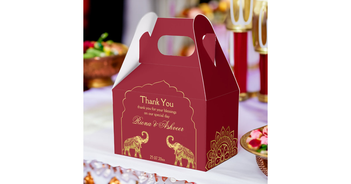 Indian Hindu wedding maroon gold mandala elephant Favor Boxes | Zazzle
