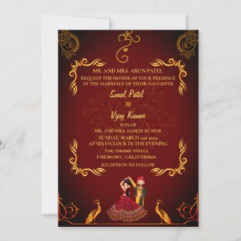 Indian Hindu Wedding Royal Golden Peacock Maroon Invitation | Zazzle