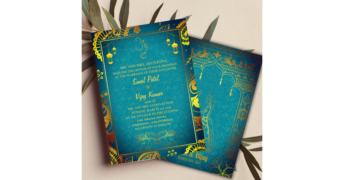 Indian Hindu Wedding with Ganesha Symbol Teal Invitation | Zazzle