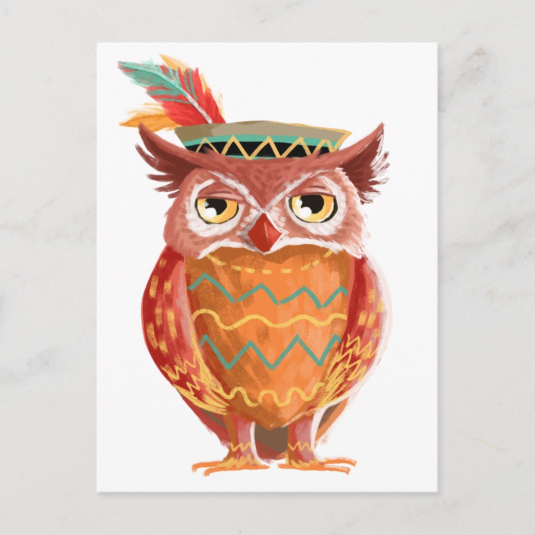Indian Native American Thanksgiving Owl Pilgrim Holiday Postcard | Zazzle