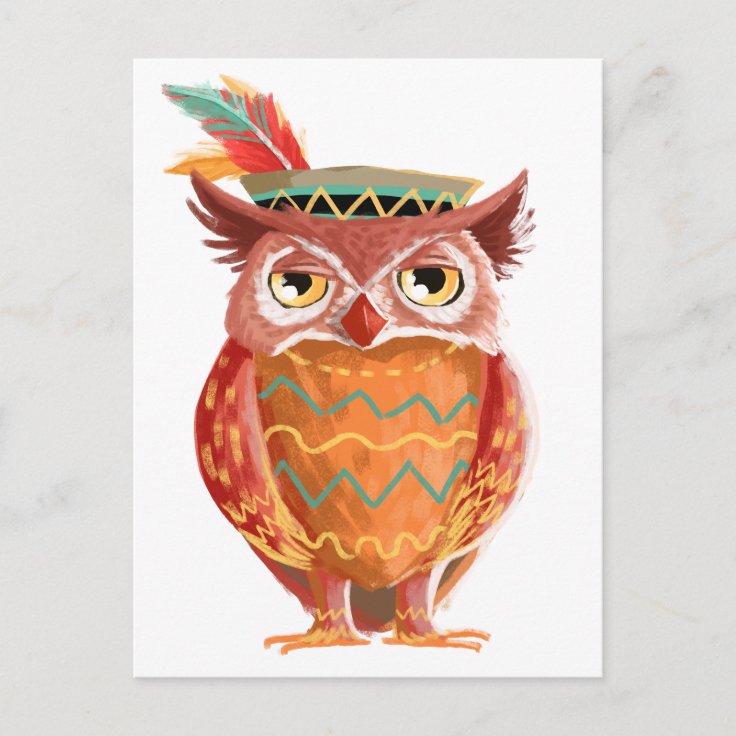 Indian Native American Thanksgiving Owl Pilgrim Holiday Postcard | Zazzle