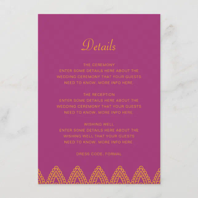 Indian Orange Pink Mehndi Hindu Wedding Details Enclosure Card | Zazzle