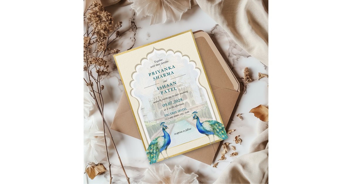 Indian Peacock Gold Taj Mahal Aesthetic Wedding Invitation | Zazzle