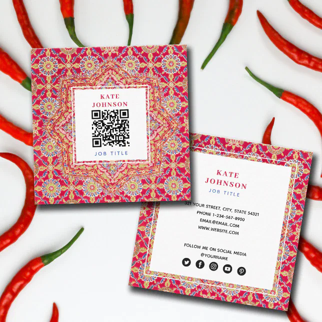 Indian Red Geometric QR Code Social Media Icons Square Business Card ...