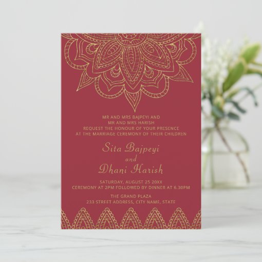 Indian Rich Red Gold Mehndi Hindu Wedding Invitation | Zazzle