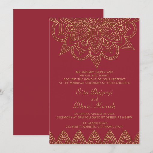 Indian Rich Red Gold Mehndi Hindu Wedding Invitation | Zazzle