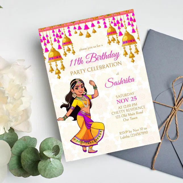 Indian style birthday party cute Indian girl Invitation | Zazzle