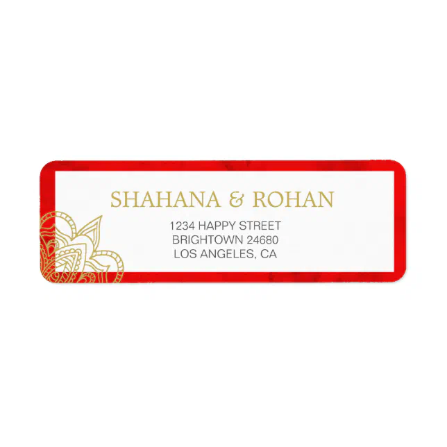Indian Style Red Gold Chic Wedding Address Label | Zazzle