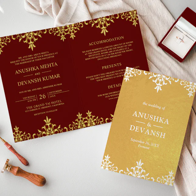 Indian Style Red Gold Damask Wedding Invitation | Zazzle
