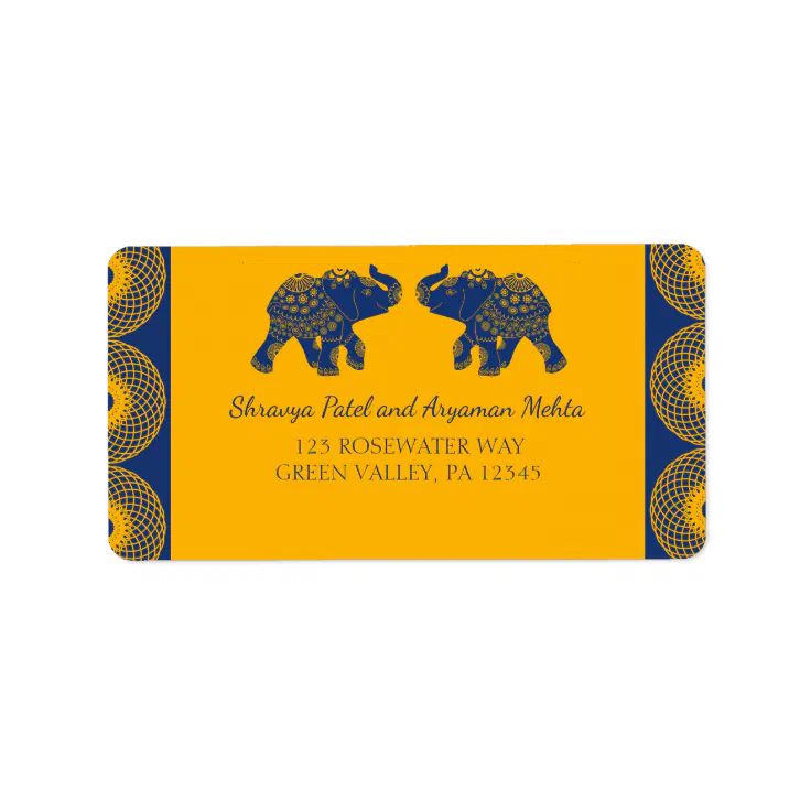 Indian Themed Elephants in Royal Blue Wedding Label | Zazzle