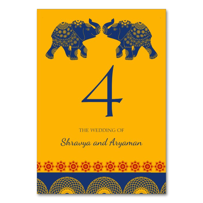 Indian Themed Elephants in Royal Blue Wedding Table Number | Zazzle