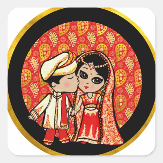 Indian Wedding Cute Bride Groom Cartoon Customized Square Sticker ...