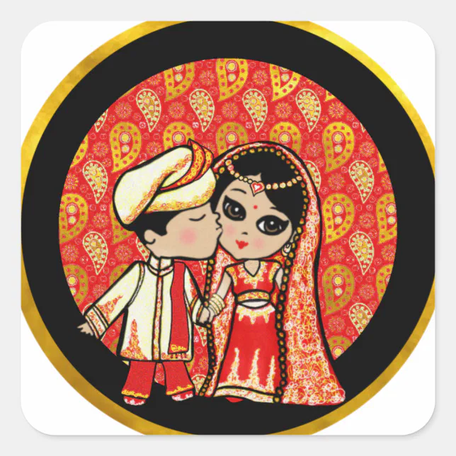 Indian Wedding Cute Bride Groom Cartoon Customized Square Sticker | Zazzle