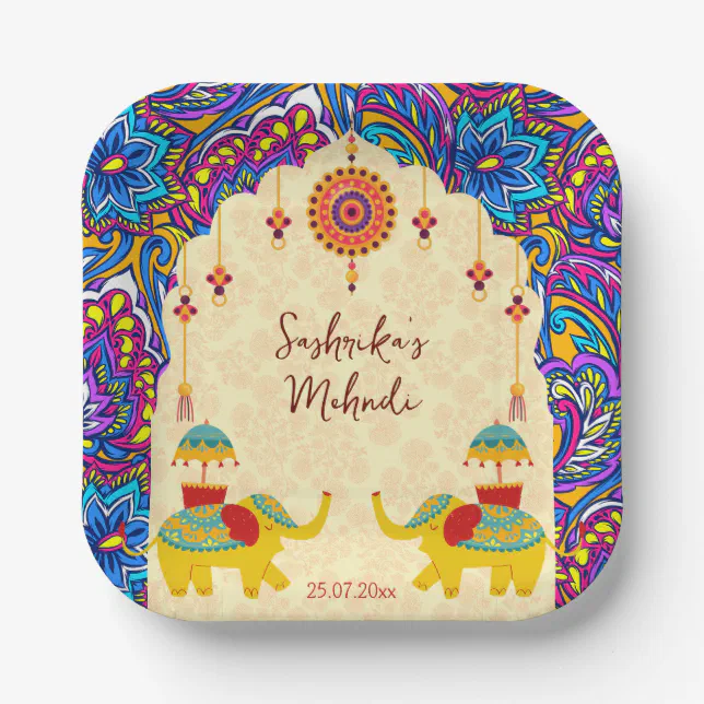 Indian wedding elephants blue pattern personalized paper plates | Zazzle