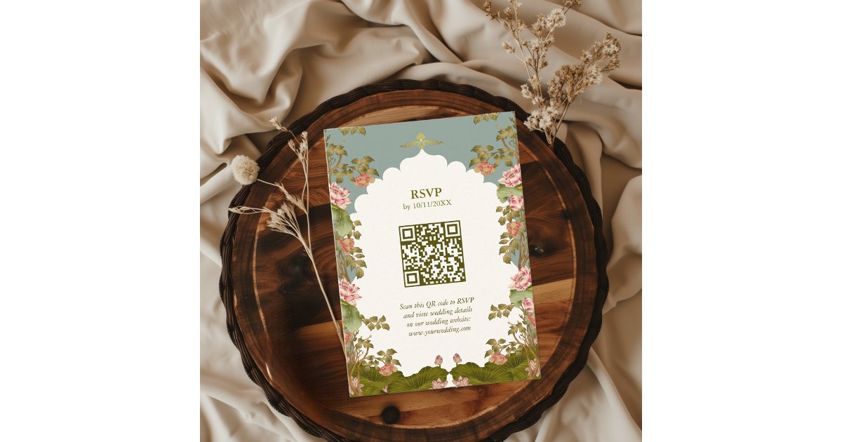 Indian Wedding Floral Lotus Oriental QR code RSVP Enclosure Card | Zazzle