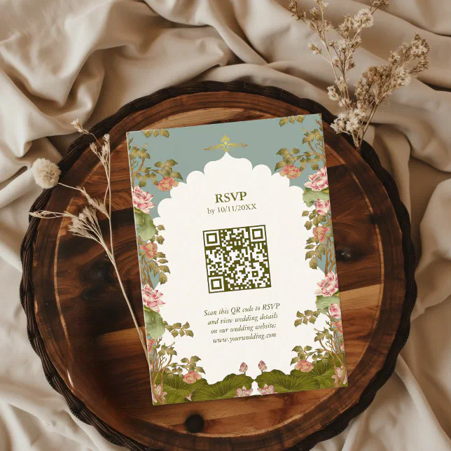 Indian Wedding Floral Lotus Oriental QR code RSVP Enclosure Card | Zazzle