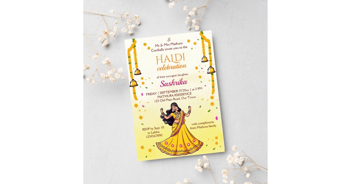 Indian wedding Haldi pithi bride cartoon Invitation | Zazzle