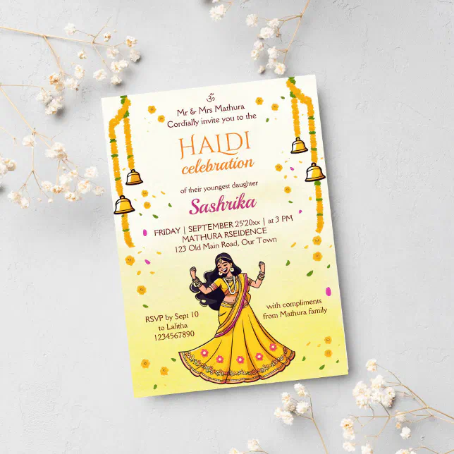 Indian wedding Haldi pithi bride cartoon Invitation | Zazzle