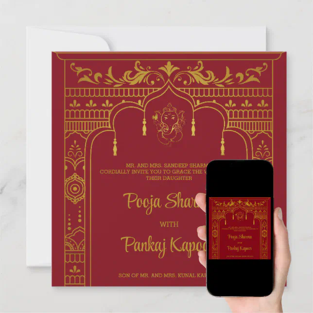 Indian Wedding Mandap Ganesha Gold Script Photo Invitation | Zazzle