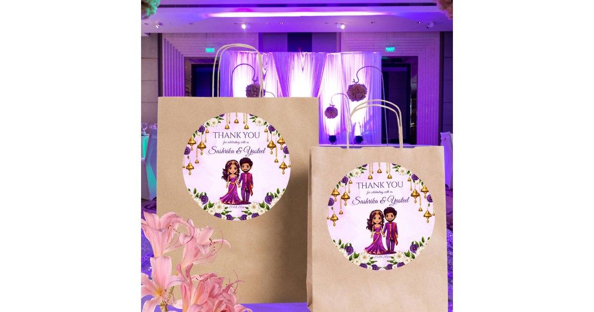 Indian wedding Mehndi purple cute bridal couple Classic Round Sticker ...