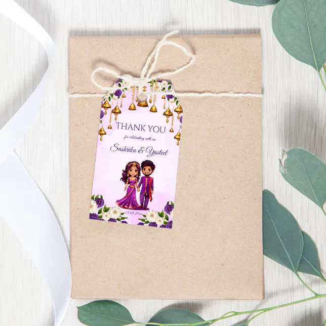 Indian wedding Mehndi purple cute bridal couple Gift Tags | Zazzle