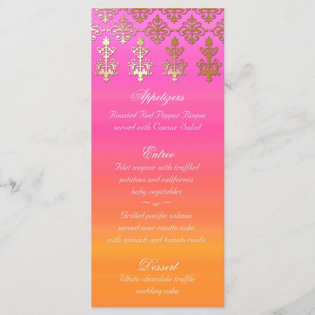 Indian Wedding Menu Cards Pink Orange Gold Damask | Zazzle