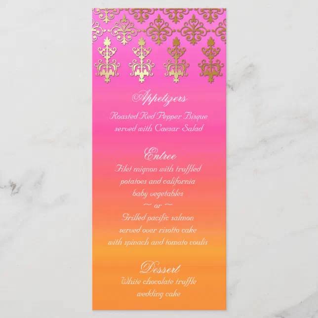Indian Wedding Menu Cards Pink Orange Gold Damask | Zazzle
