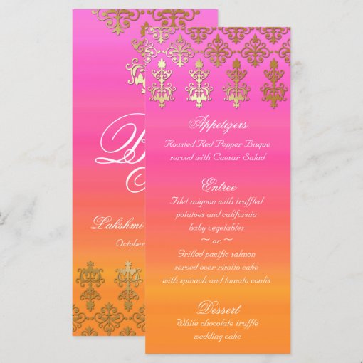Indian Wedding Menu Cards Pink Orange Gold Damask | Zazzle
