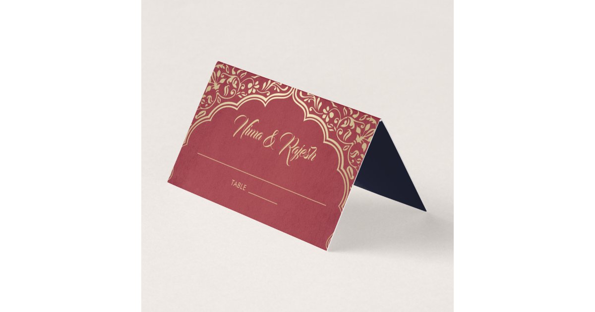 Indian Wedding Place Card, Gold, White, Blue | Zazzle
